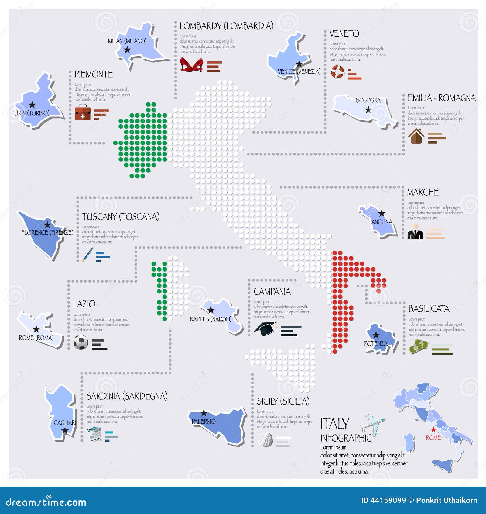 Dot and Flag Map of Italy Infographic Design Stock Vector ...