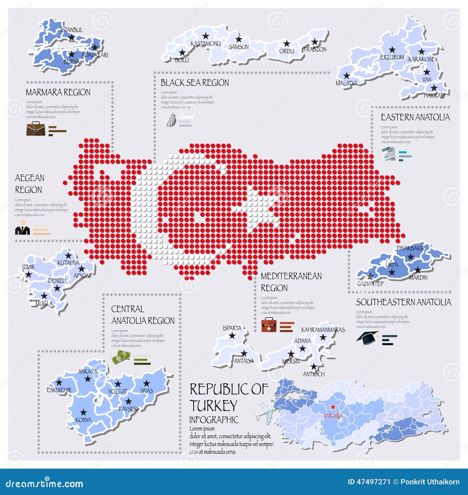 Dot and Flag Map of Republic of Turkey Infographic Stock Vector ...