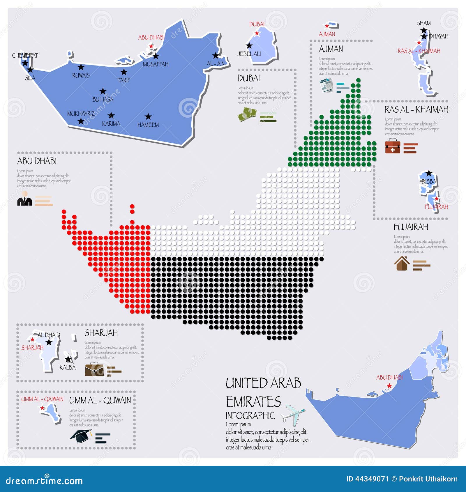 Dot And Flag Map Of United Arab Emirates Infographic Design Stock