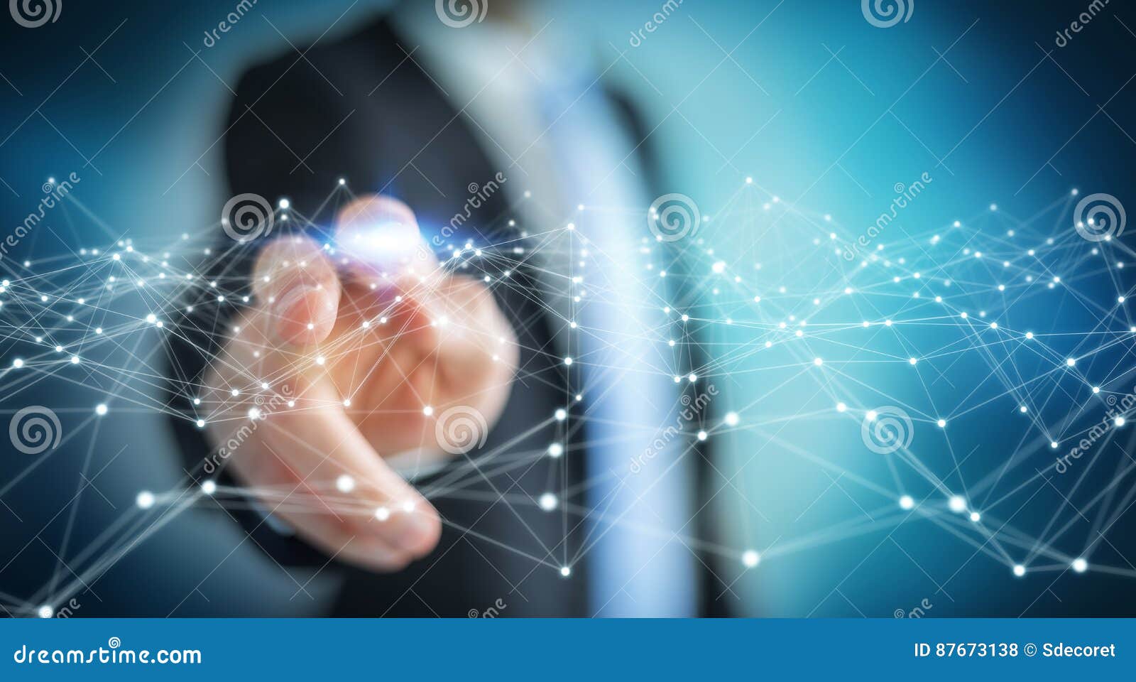 Dot Flying Network Touched by Businessman 3D Rendering Stock ...