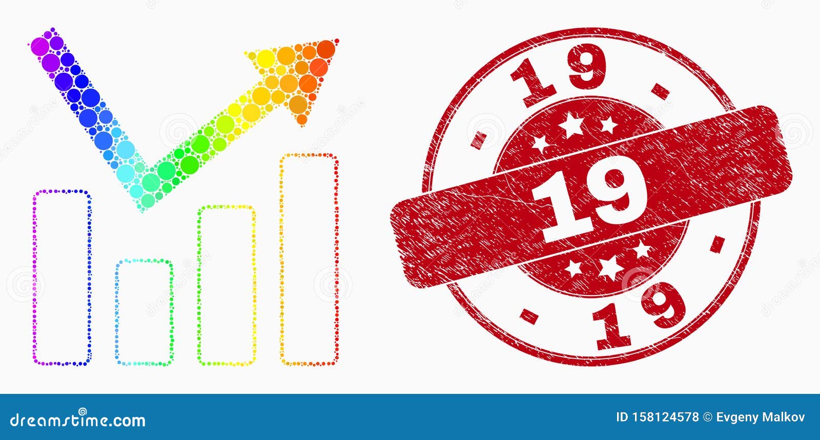 Vector Rainbow Colored Dotted Trend Chart Icon and Scratched 19 Seal ...