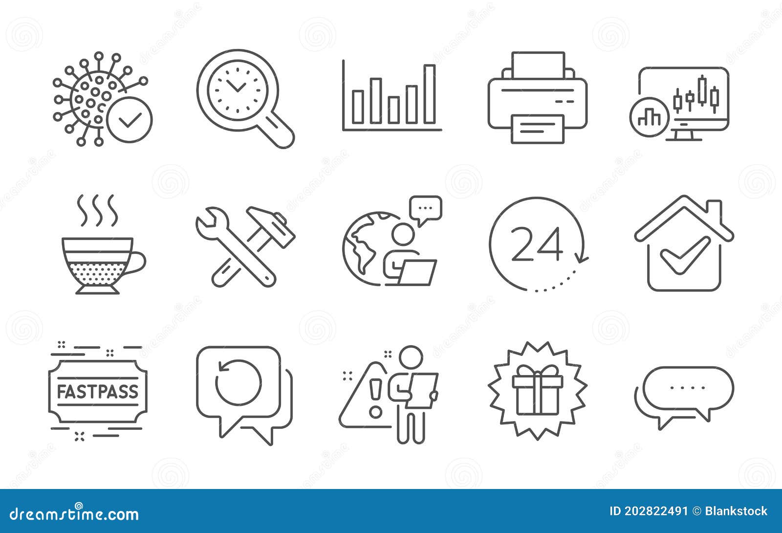 Dots Message, Time Management And Candlestick Chart Icons Set. Printer ...