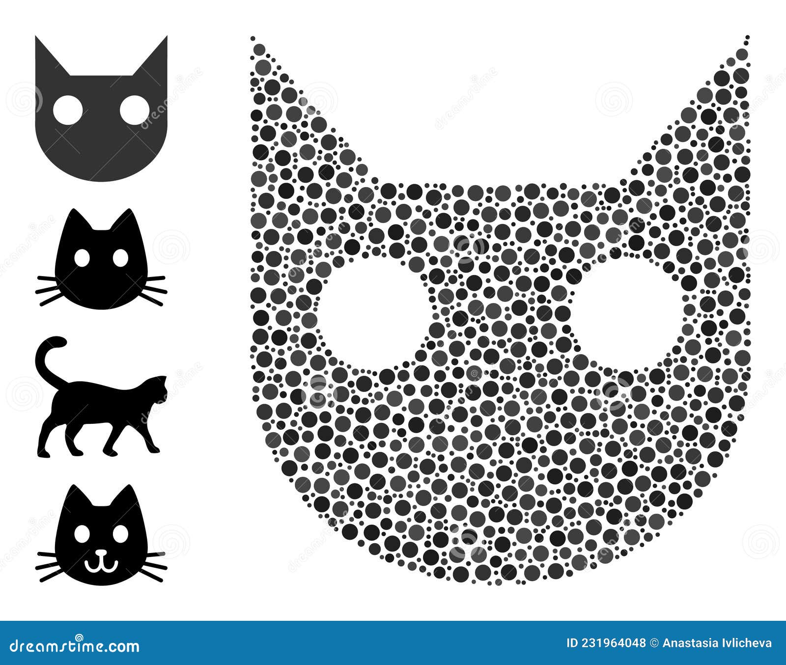 Dotted Cat Head Composition of Rounded Dots with Other Icons Stock ...