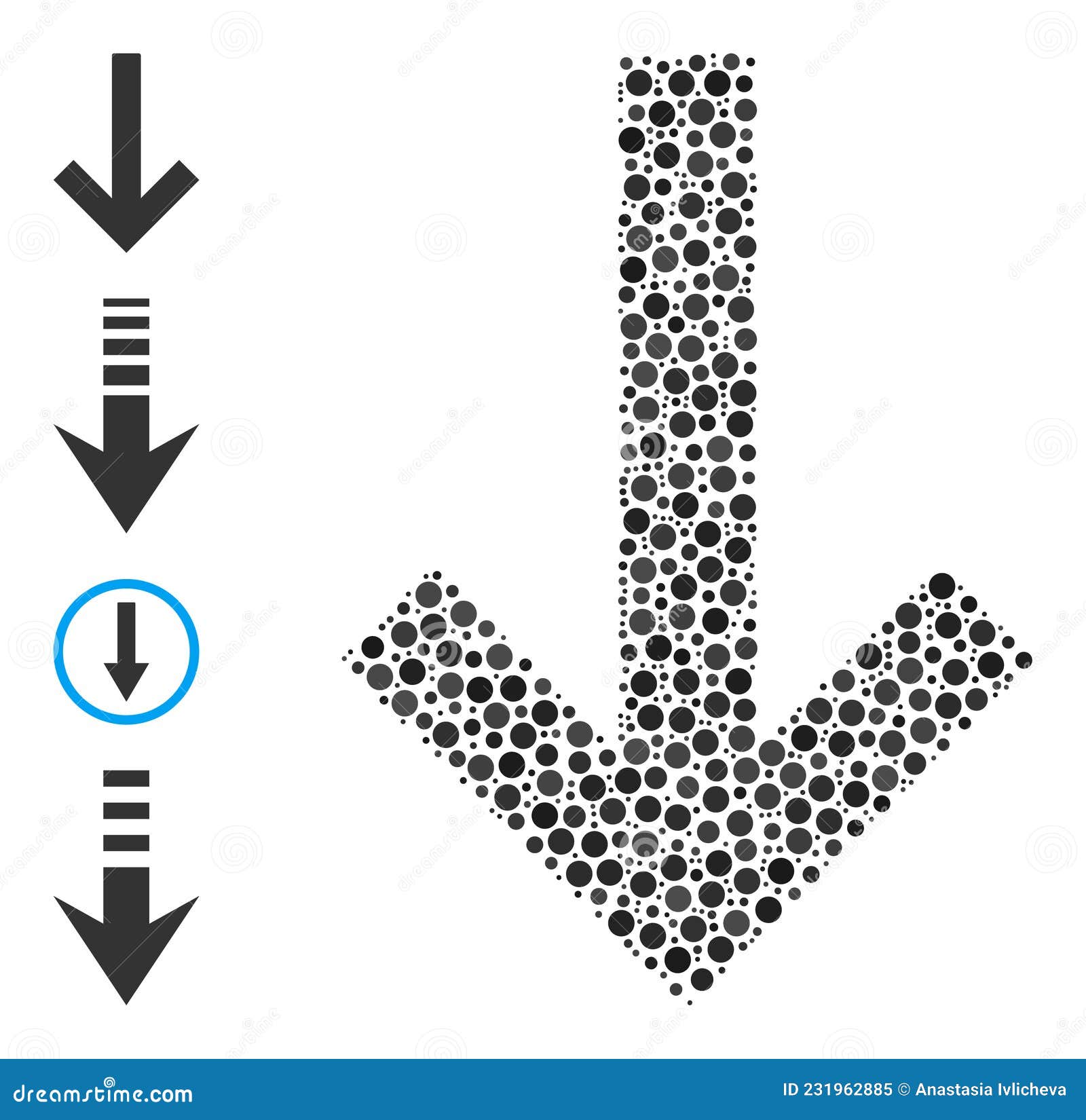 Dotted Down Arrow Collage of Rounded Dots with Bonus Icons Stock Vector ...
