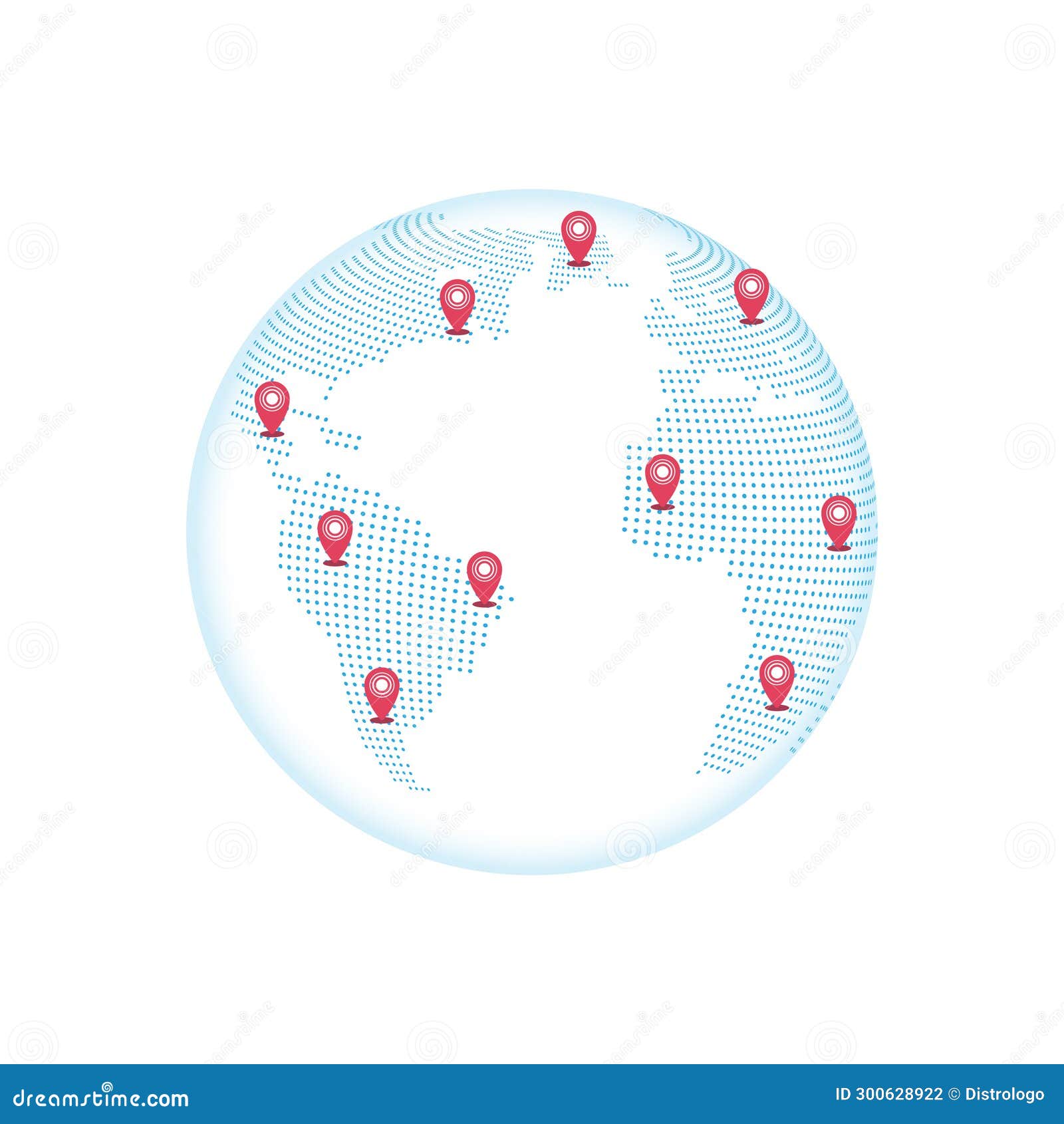 Dotted Globe World Map with Pins Pointers Vector Illustration Stock ...