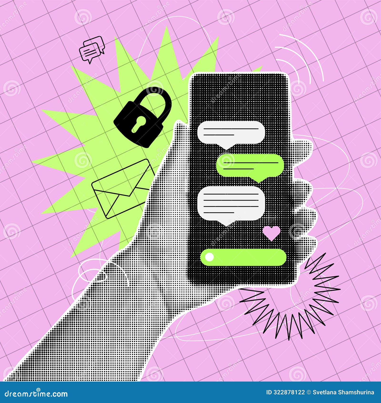 Dotted Halftone Collage of Hand Holding Smartphone with Messages on the ...