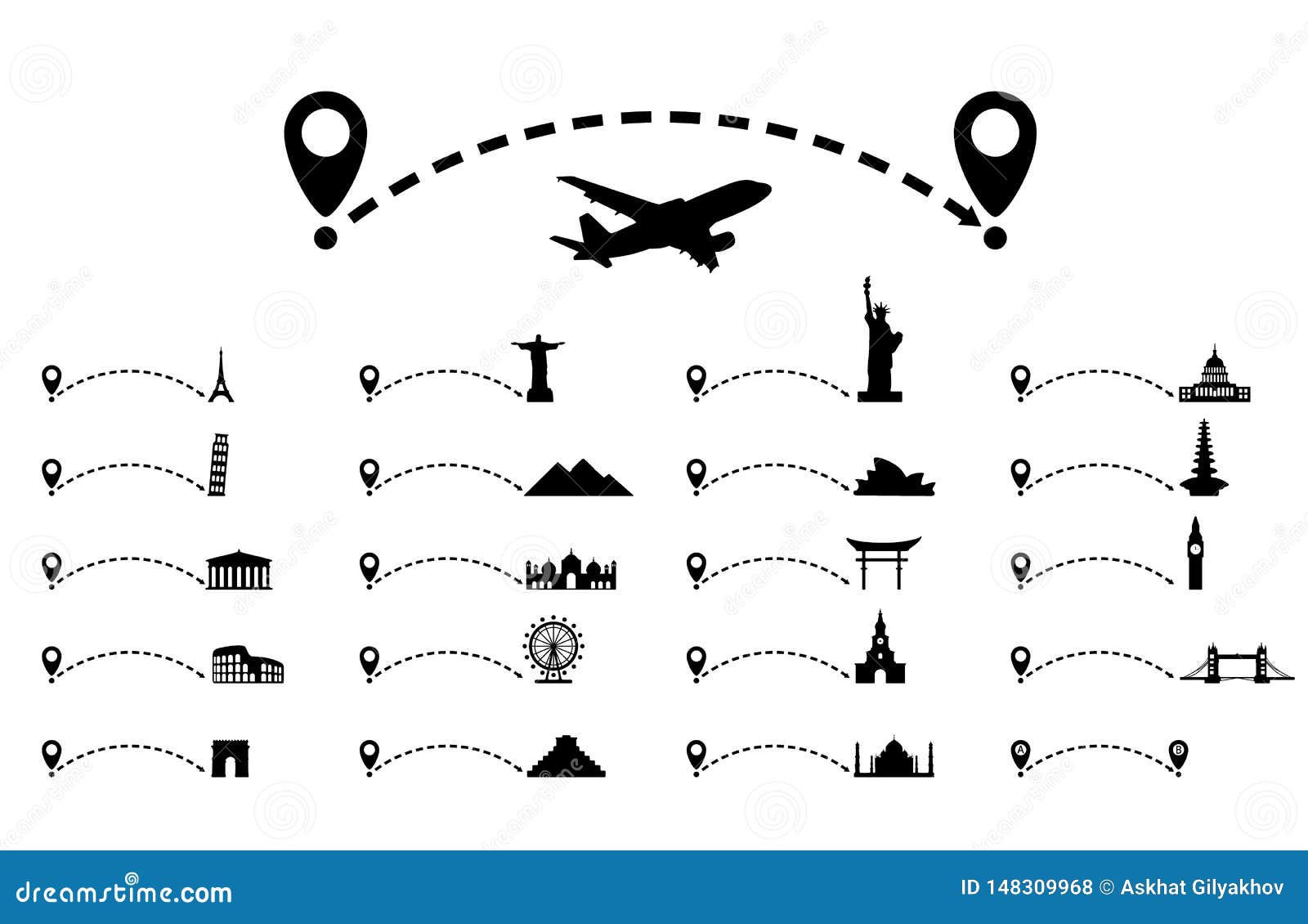 Dotted Line Path with Map Pointer, Cultural Attraction. Travel Concept ...