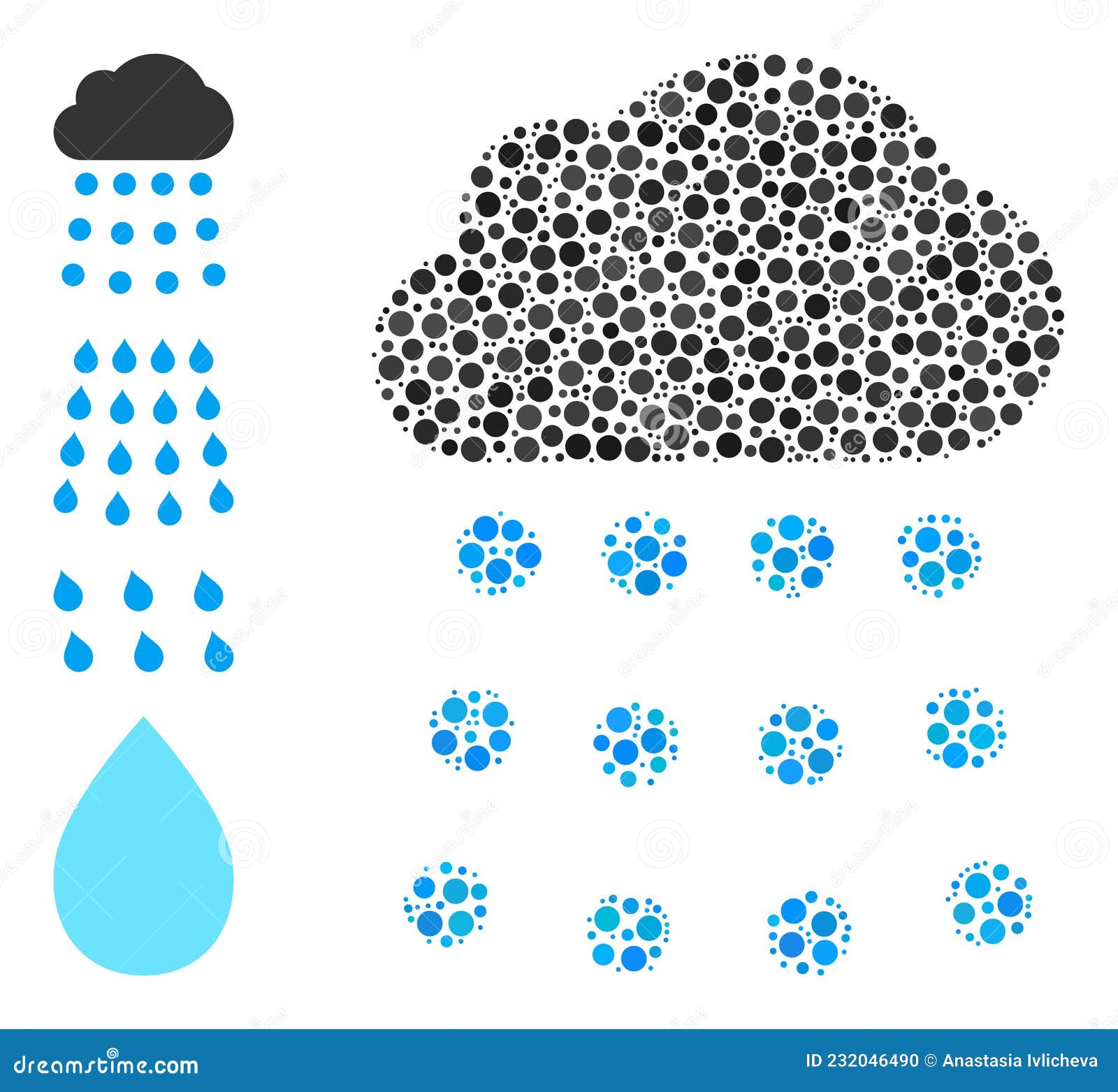 Dotted Rain Cloud Composition of Rounded Dots and Bonus Icons Stock ...