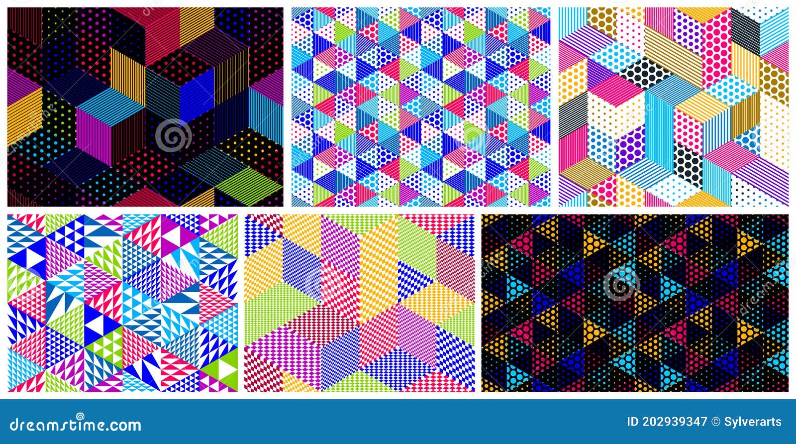 Dotted Seamless Isometric Geometric Patterns Set, Dots 3D Cubes Vector Tiling Backgrounds ...
