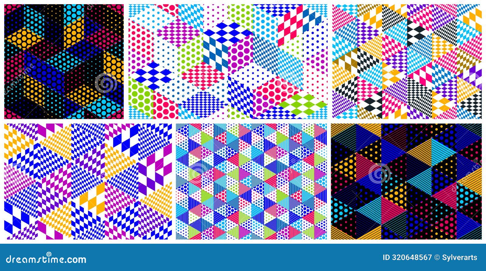 Dotted Seamless Isometric Geometric Patterns Set, Dots 3D Cubes Vector ...