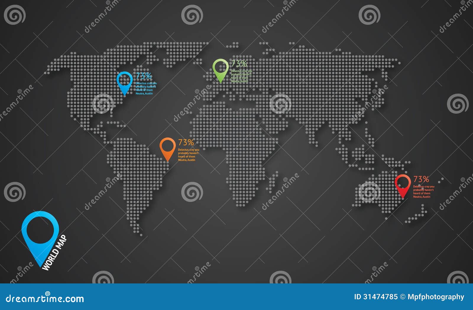 Dotted Vector World Map with Shadows and Map Icons Stock Illustration ...