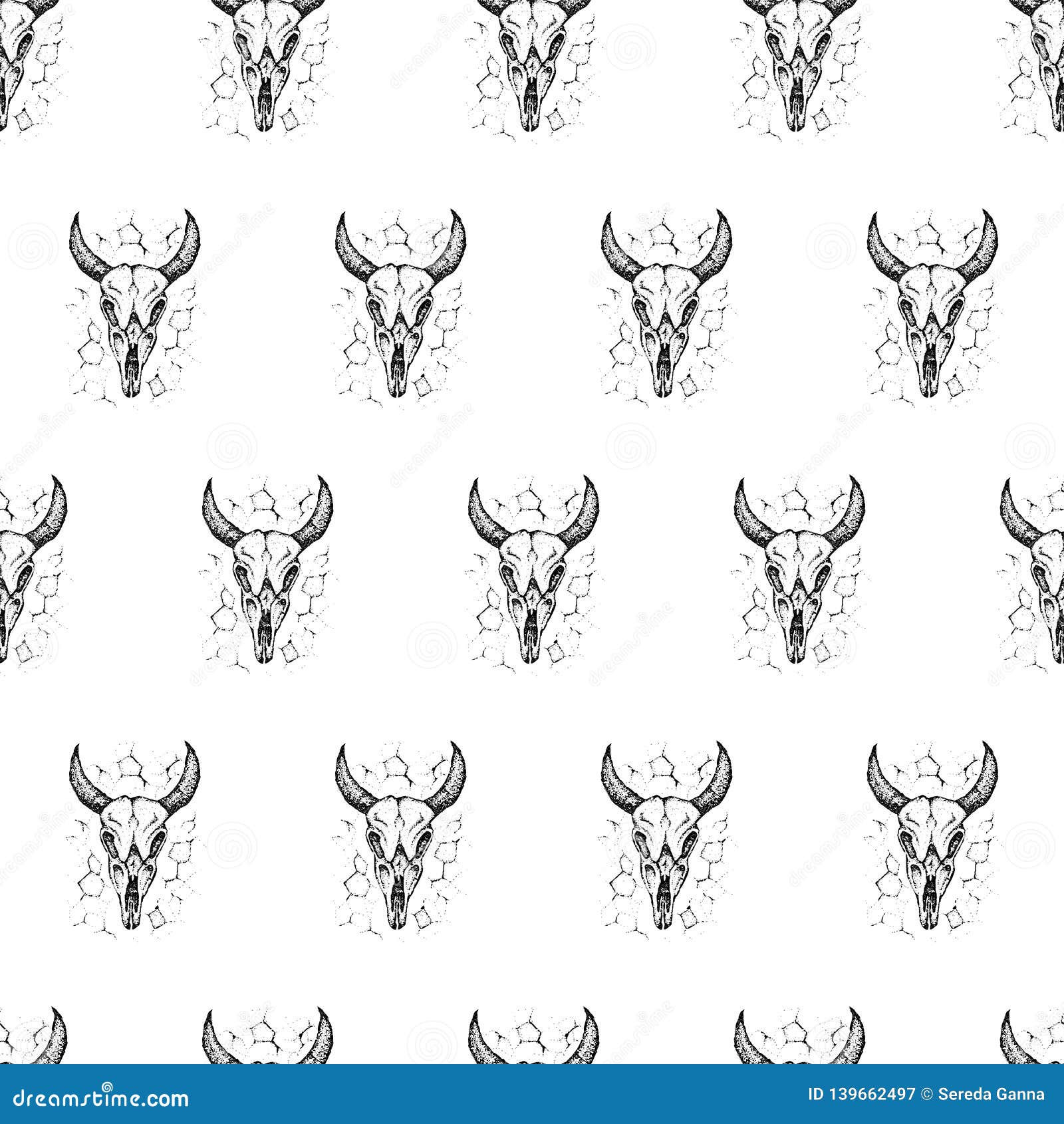Dotwork Burnt Cow Skull Seamless Pattern Stock Vector - Illustration of ...