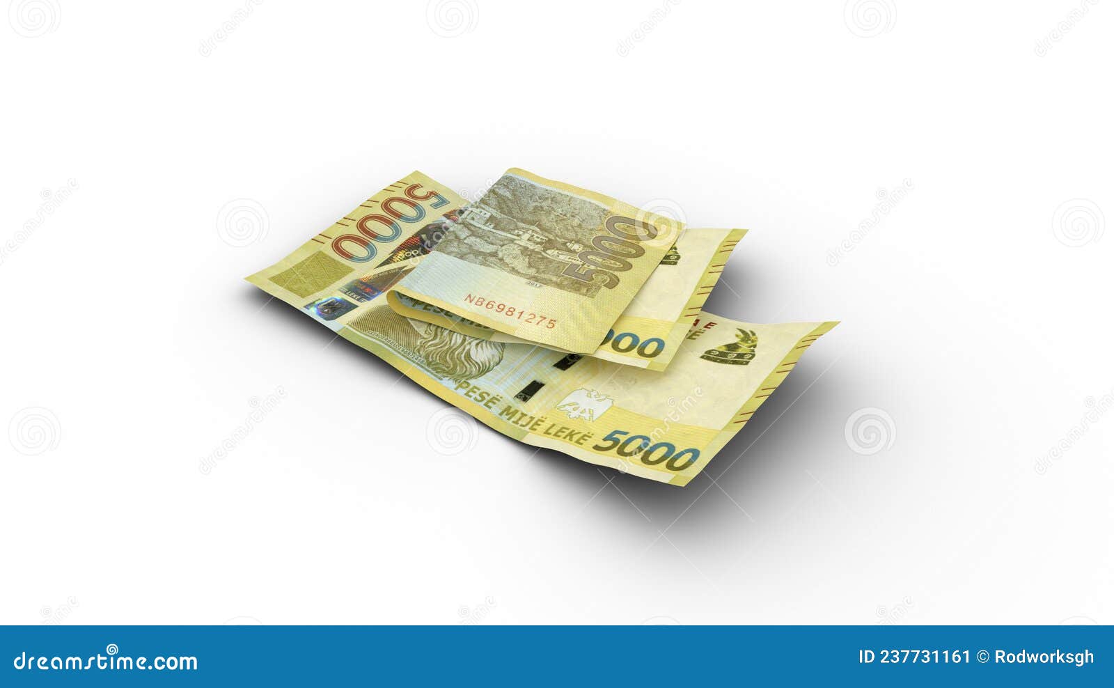 Double 5000 Albanian Lek Notes with Shadows on White Background Stock ...