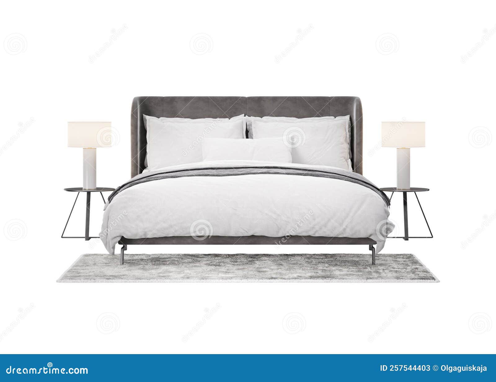 Double Bed with Carpet and Lamps on White Background, Isolated. Front ...