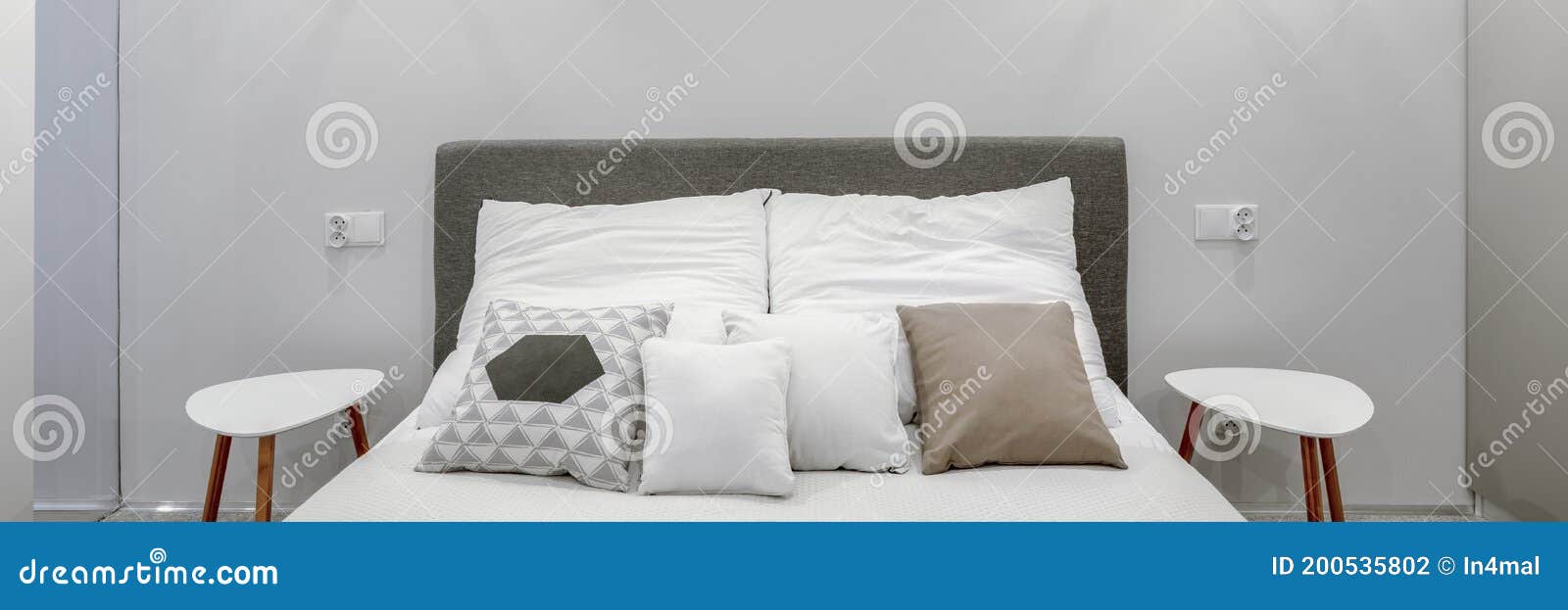 Double Bed in Modern Bedroom, Panorama Stock Photo - Image of decor ...