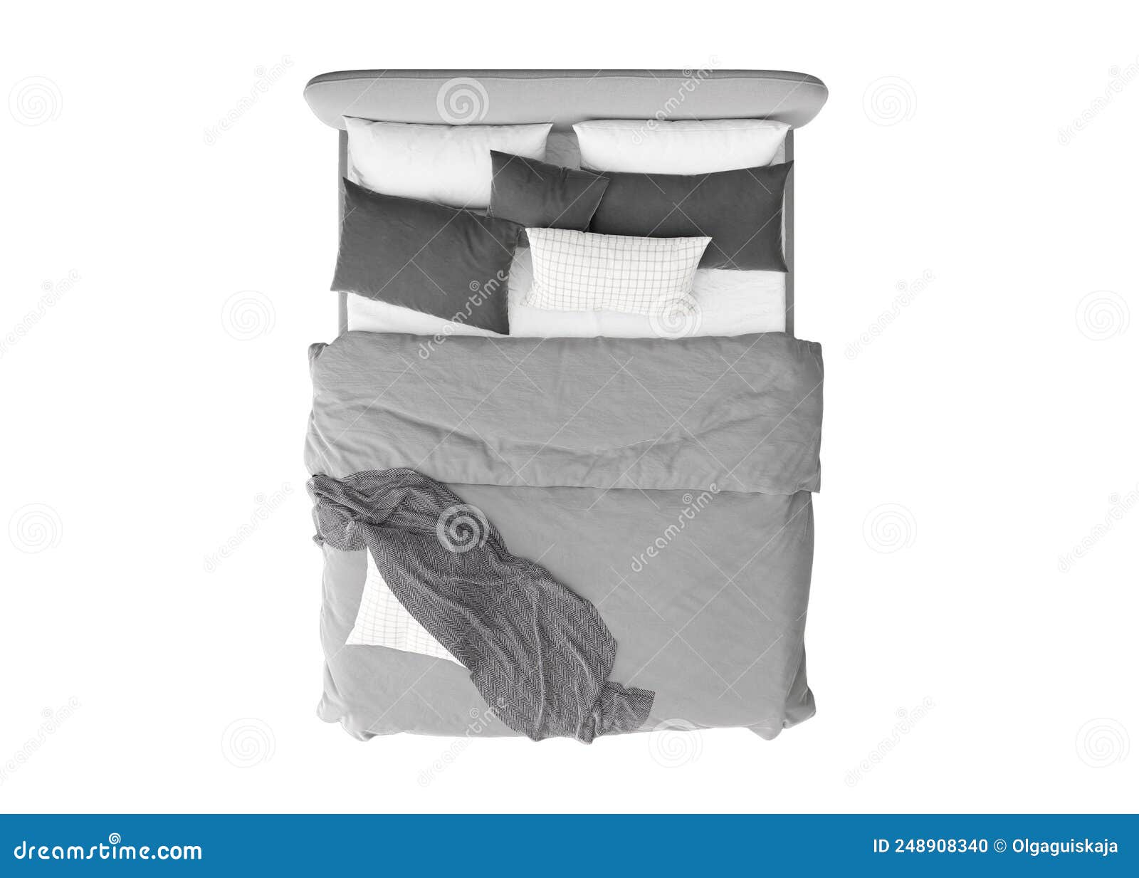 Double Bed on White Background, Isolated. Top View. Grey and White ...