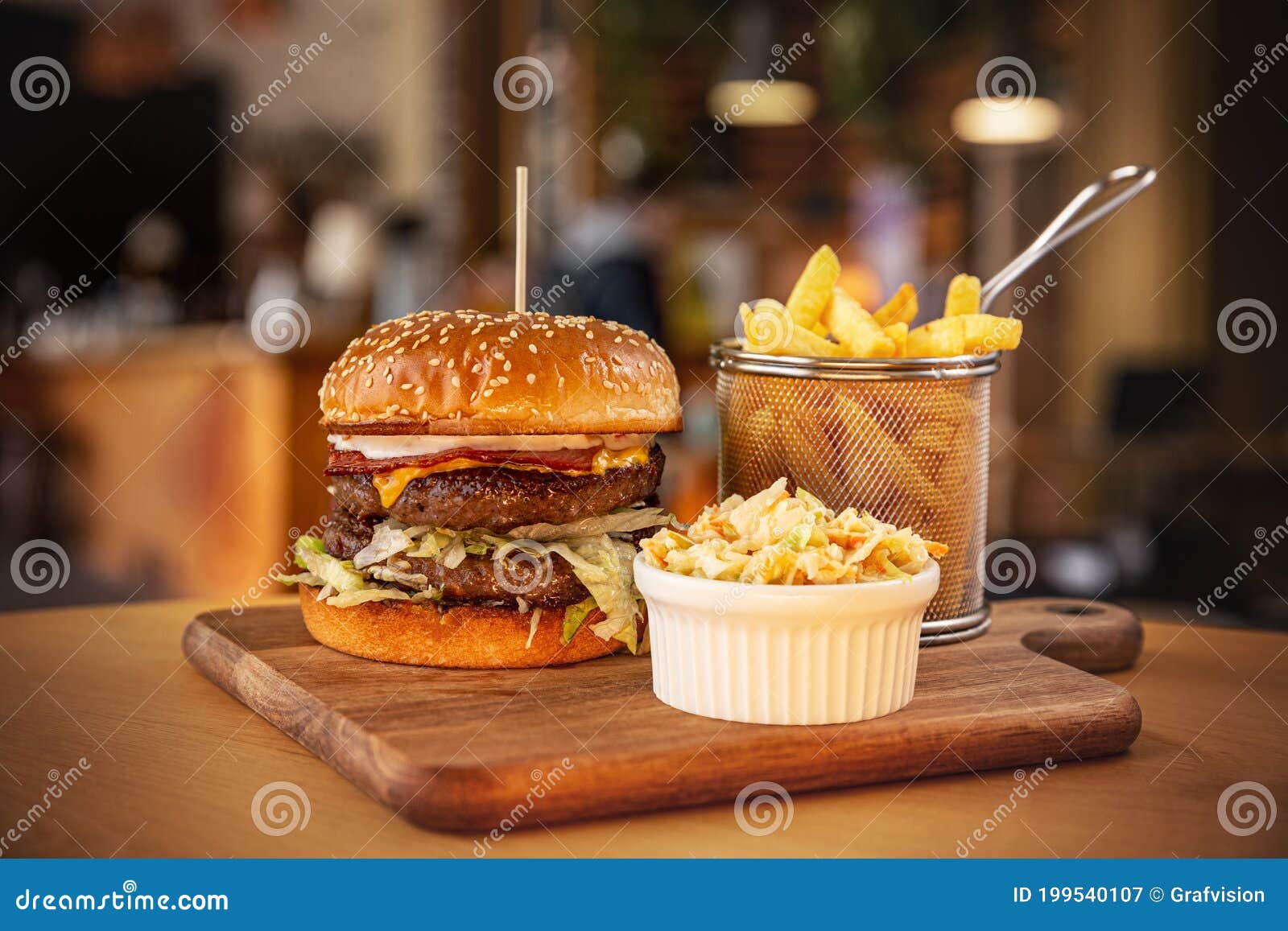 Double beef burger stock image. Image of menu, fries - 199540107