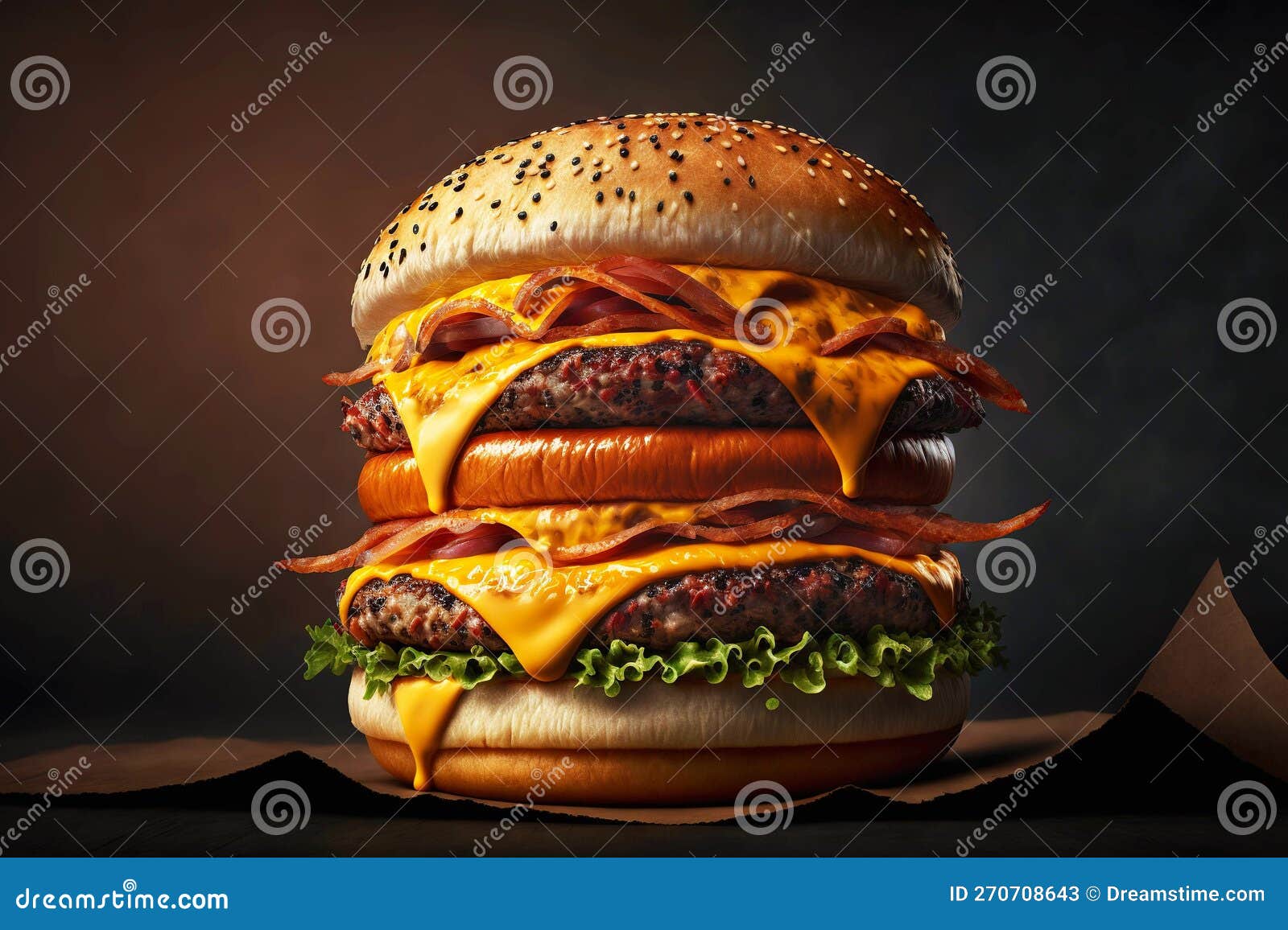 Double Beef Burger with Extra Bun between Layers of Cheese Stock ...