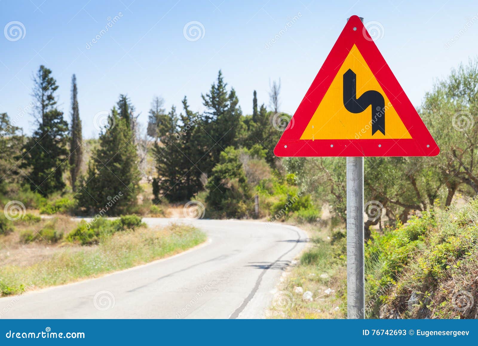 Double Bend, Triangular Yellow Warning Roadsign Stock Image - Image of ...