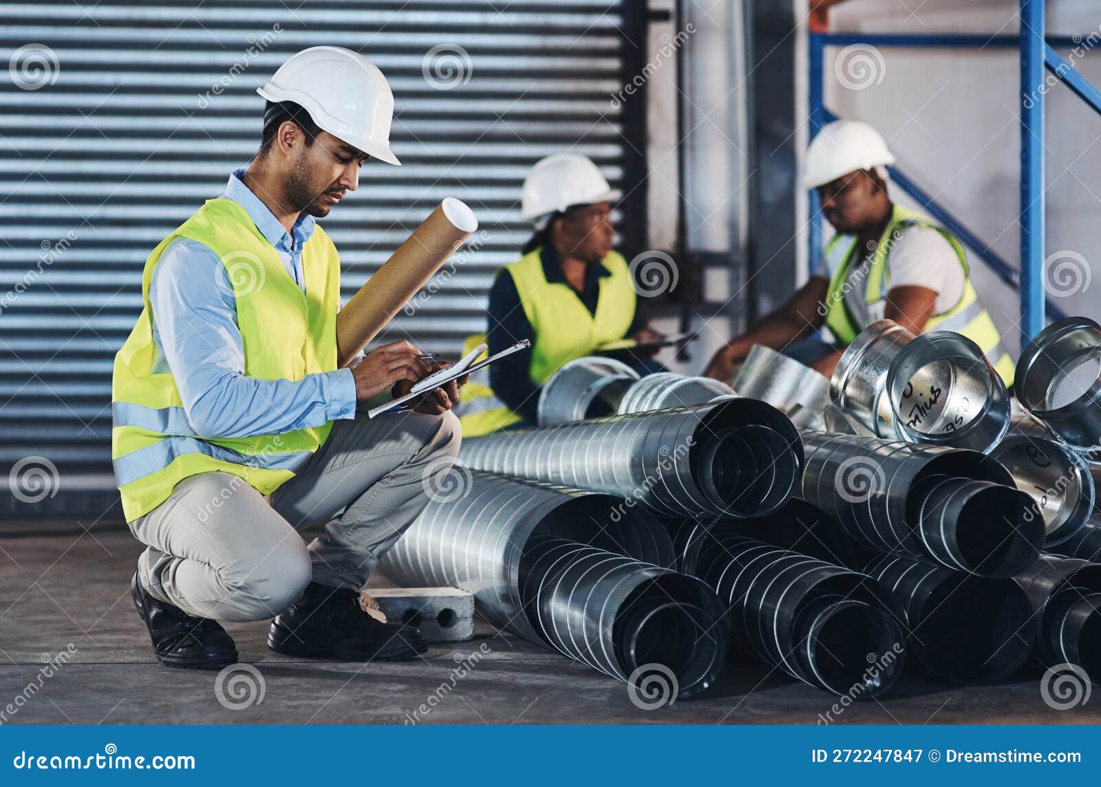 Double Checking the Quantity. a Handsome Young Contractor Crouching ...