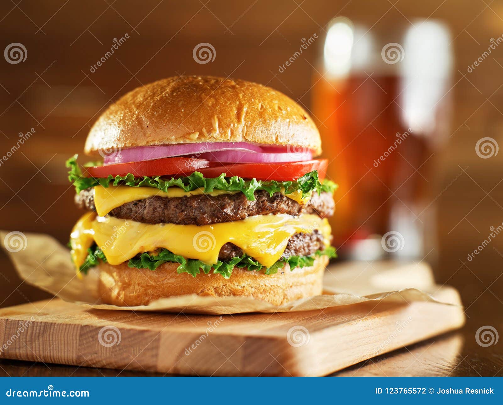 Double Cheese Burger with Beer Stock Photo - Image of sandwich, focus ...