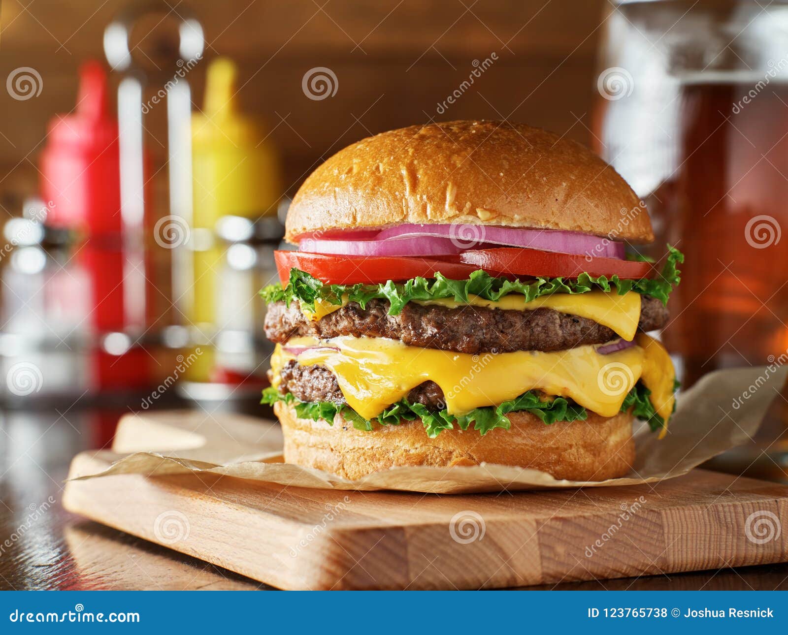 Double Cheese Burger with Beer Stock Photo - Image of meal, tomato ...