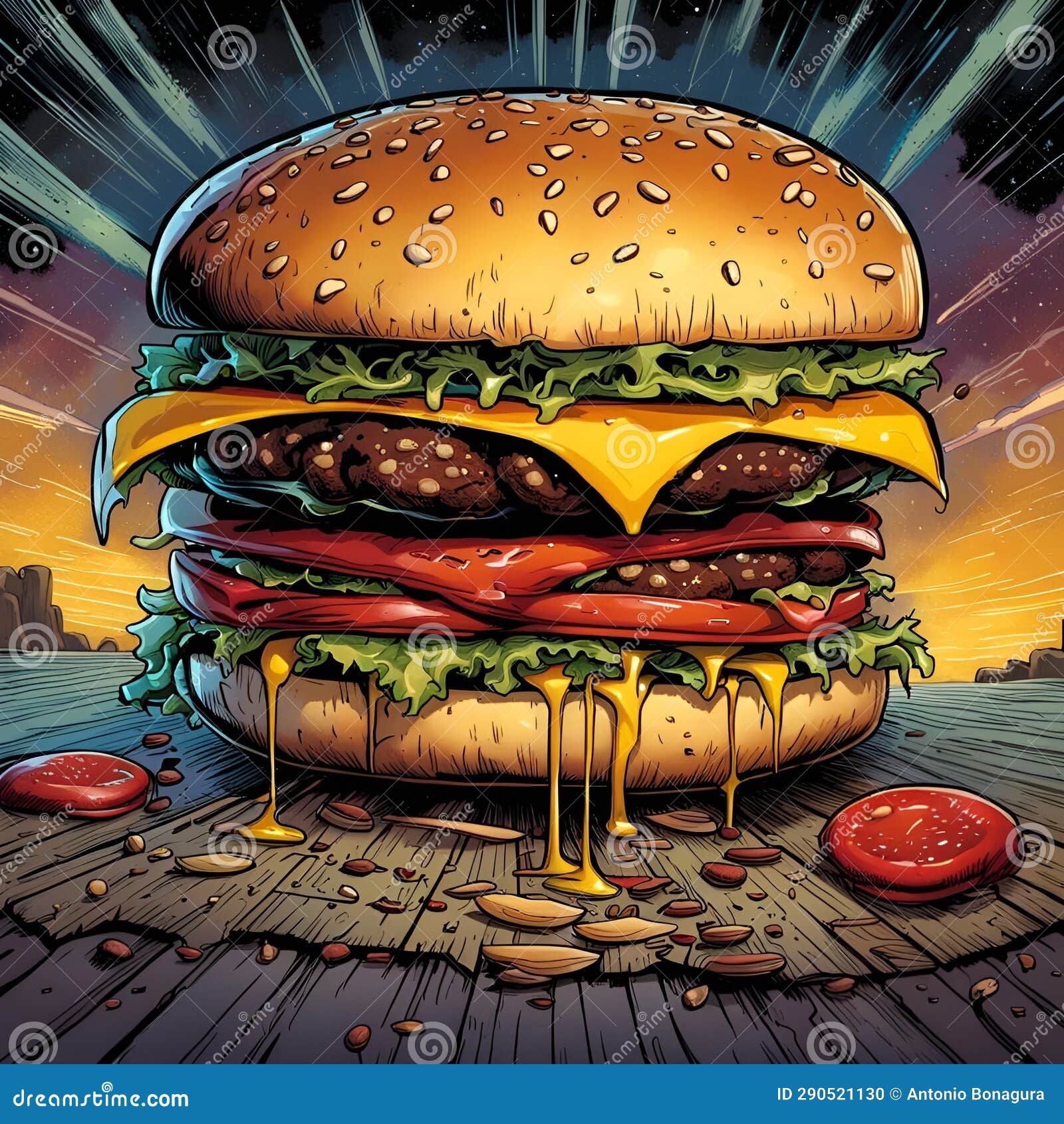 Double Cheeseburger in 90 S Comics Style Stock Illustration ...