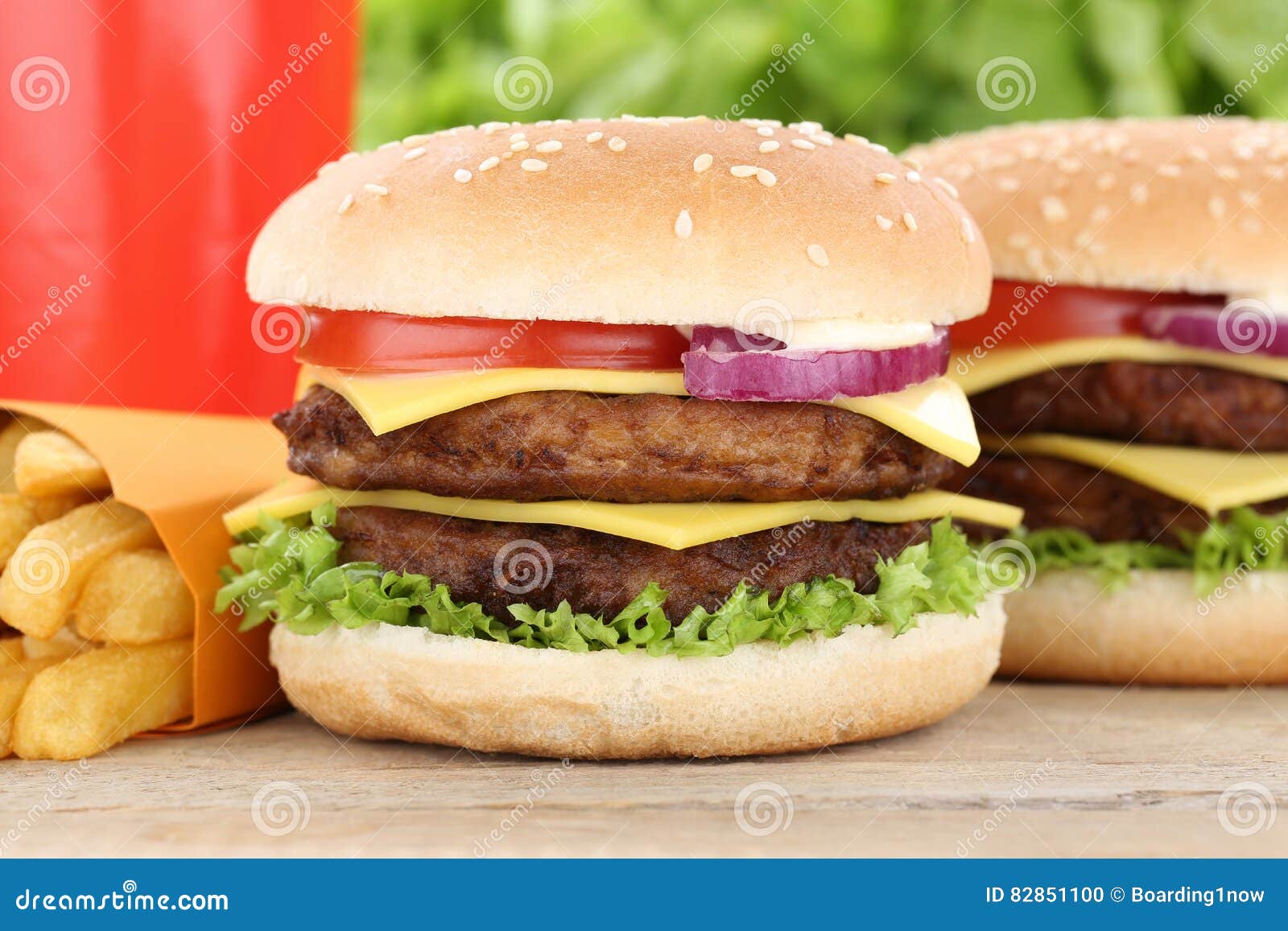 Double Cheeseburger Hamburger and Fries Menu Meal Combo Drink Stock ...