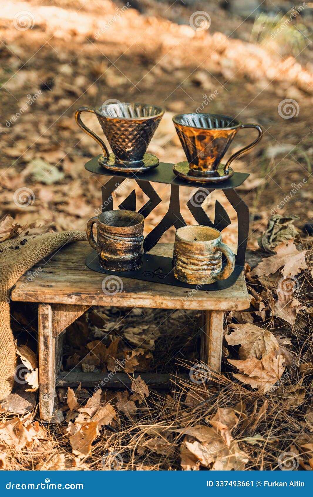 Double Coffee Filter Setup with Matching Mugs in Forest Setting Stock ...