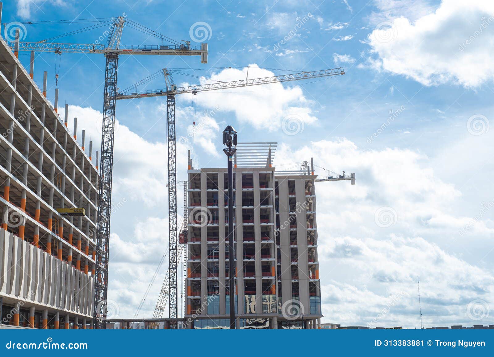 Double Cranes Working Concrete Building Construction Site, High-rise ...