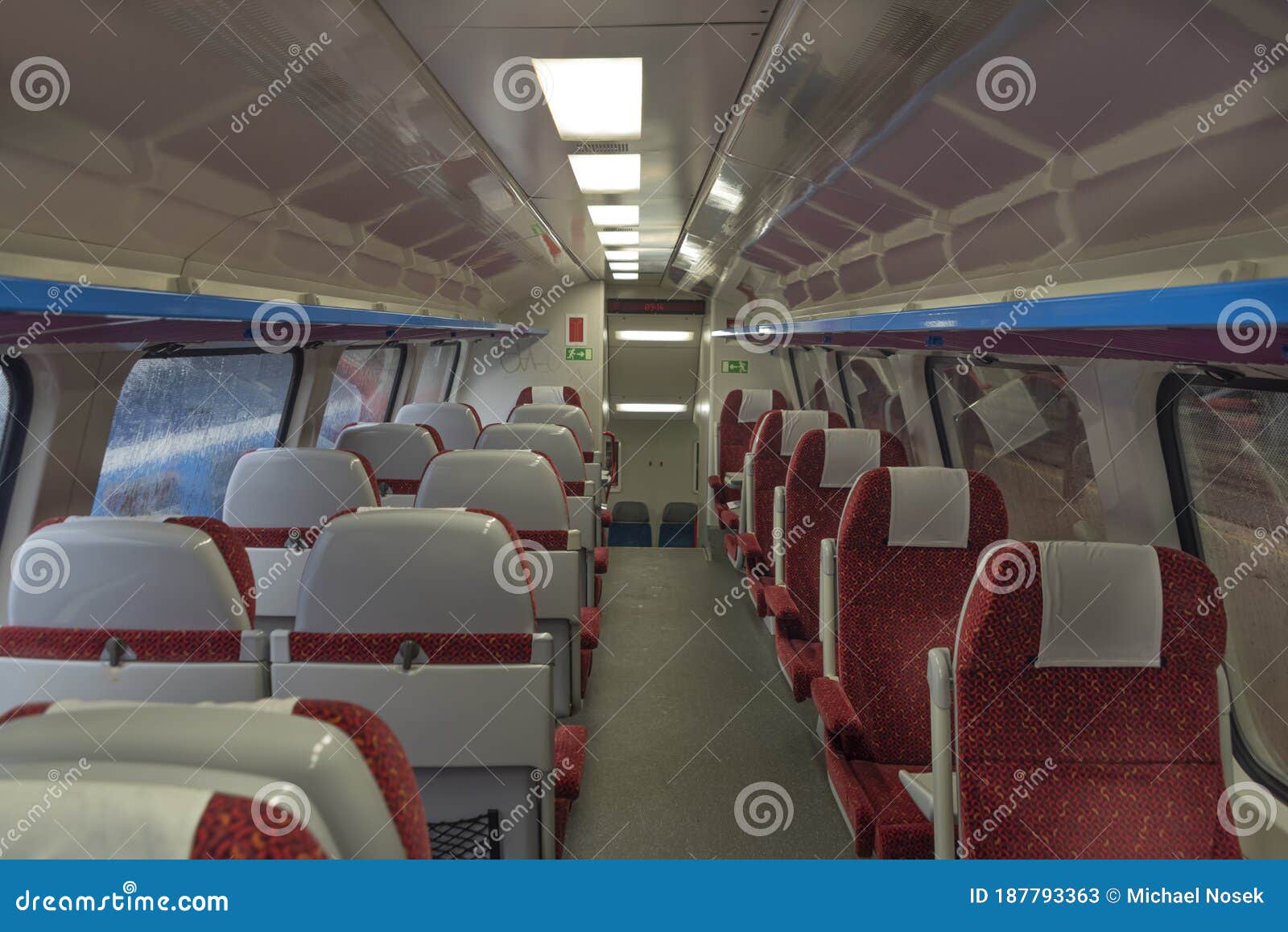 Electric Multiple Unit Interior with Red Seat in First Class Coach ...
