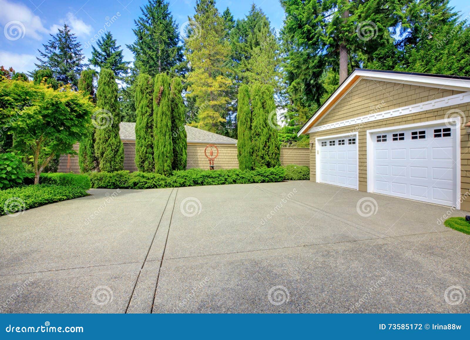 Double Doors Garage with Wide, Long Driveway. North America. Stock ...