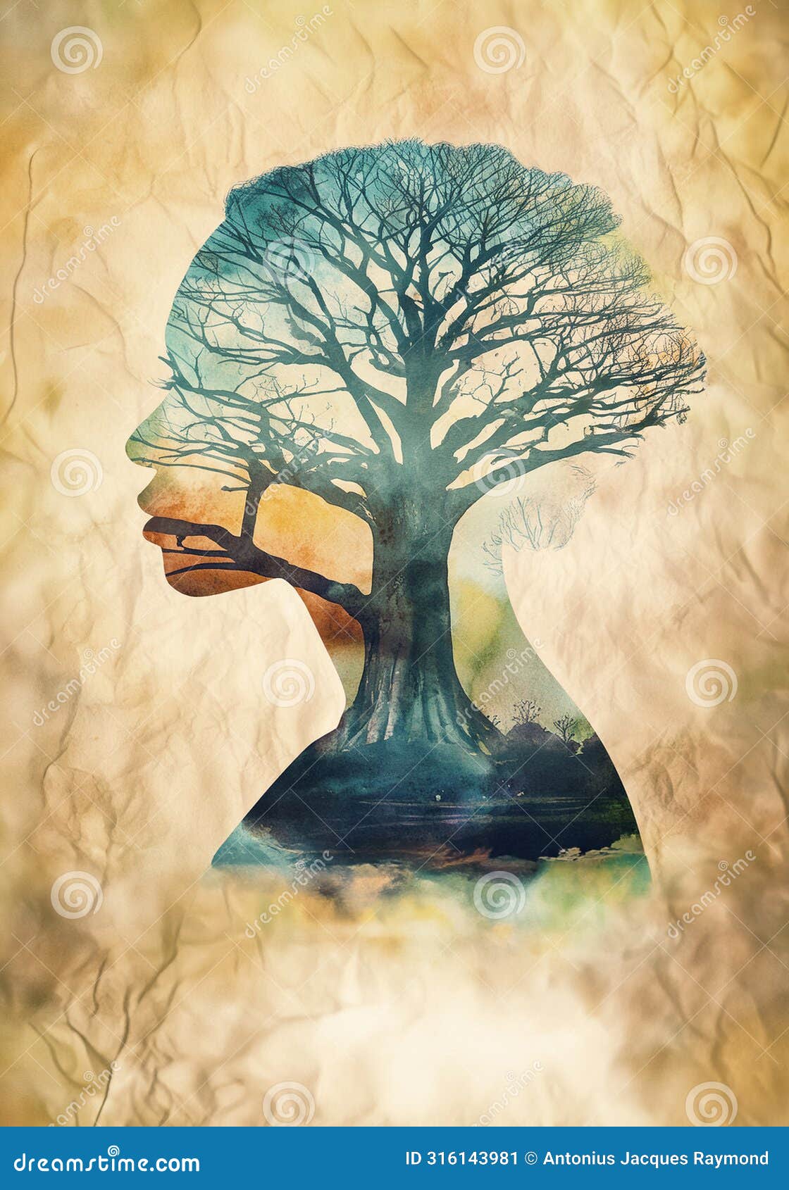 Double Exposure of Abstract Human Face and Big Old Tree Stock ...