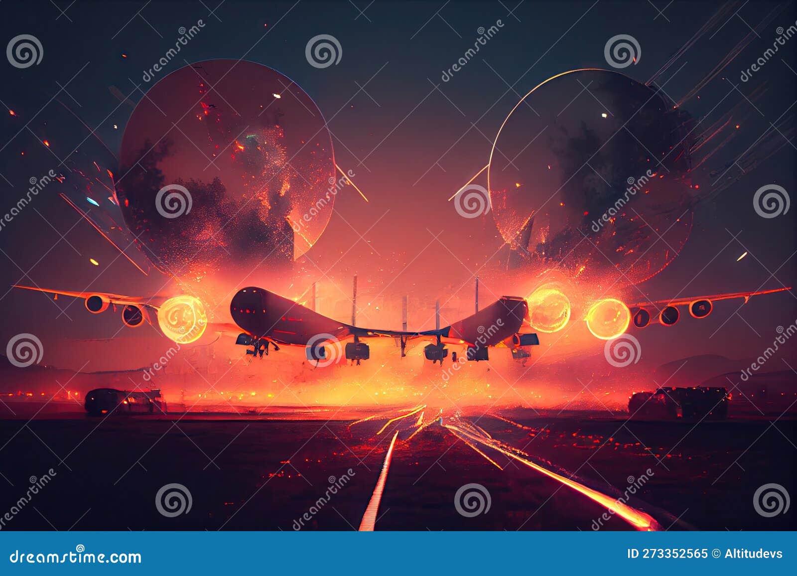 Double Exposure of Airplanes Landing at Night, with Flares and Fires ...