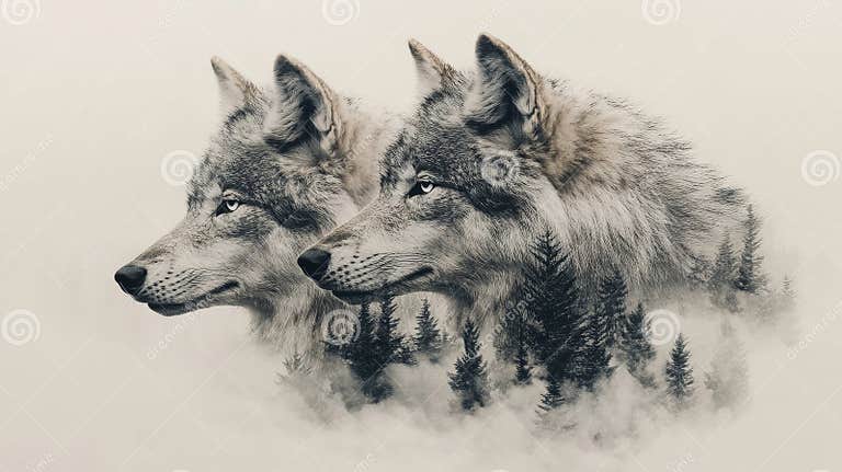 Double Exposure Art of Two Wolves with Forest in Grey Palette Stock ...