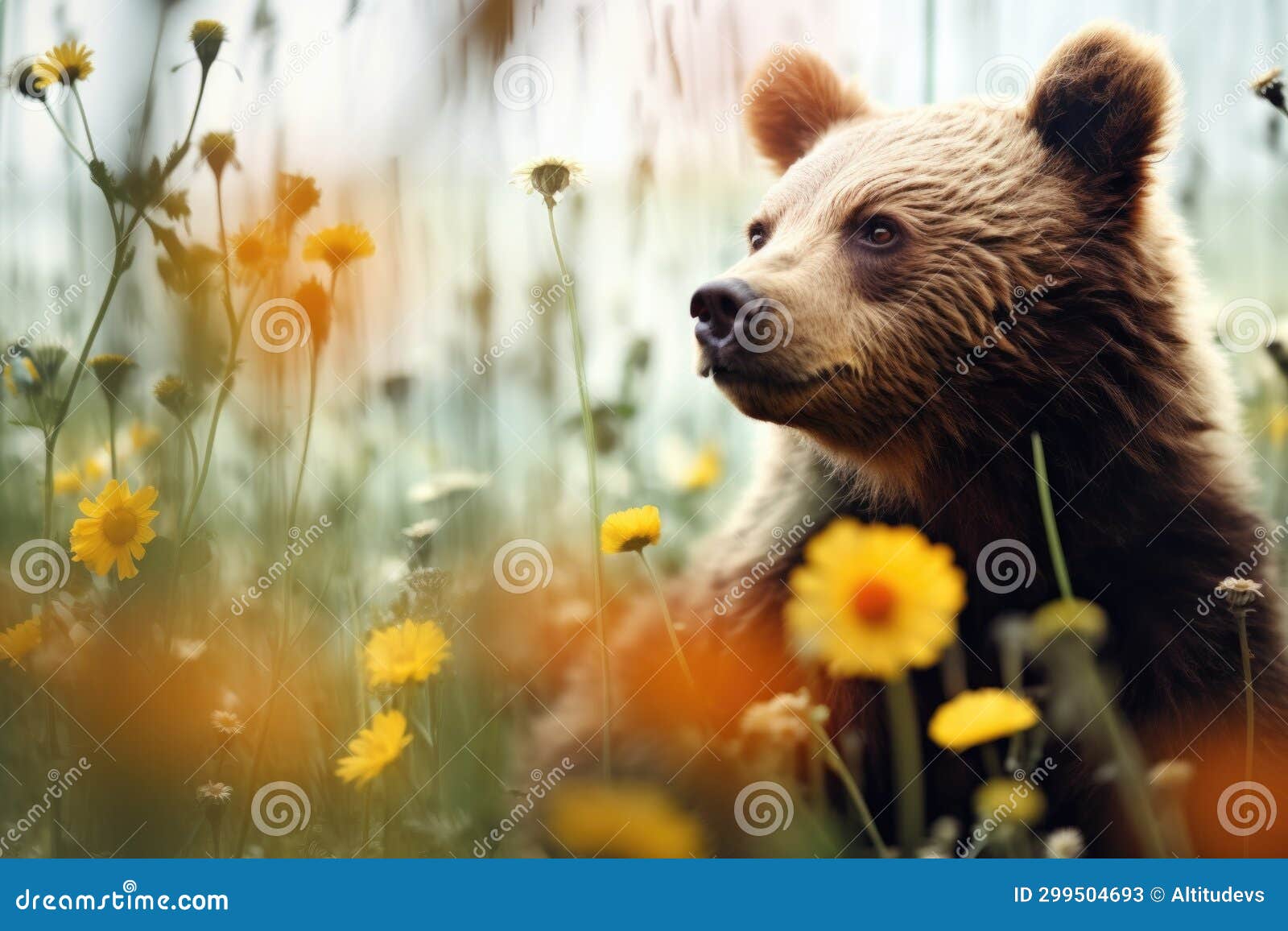 A Double Exposure of a Bear Cub and a Field of Wildflowers Stock Image ...