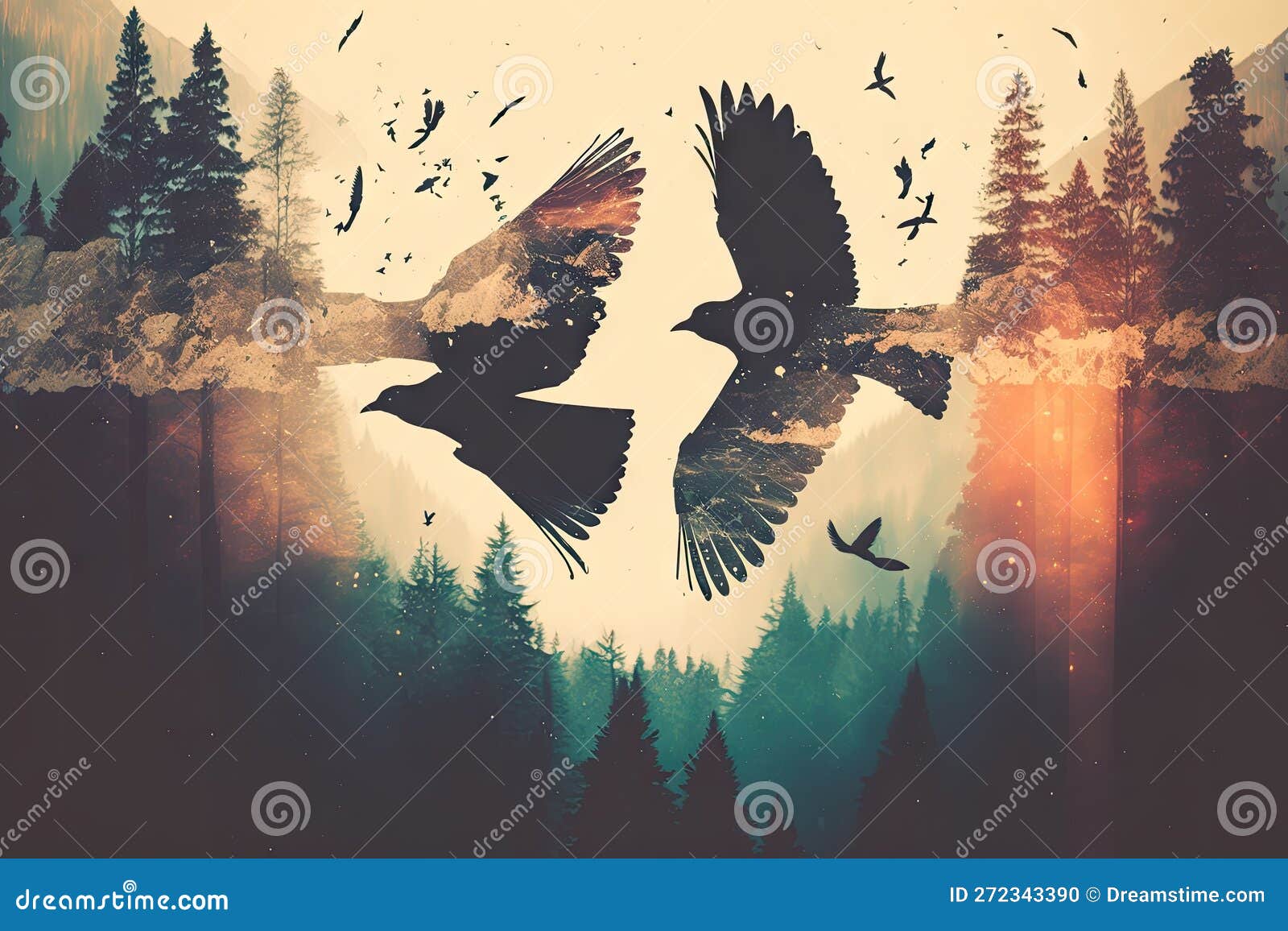 Double Exposure of Birds Soaring in Flight Over Forest Romantic ...
