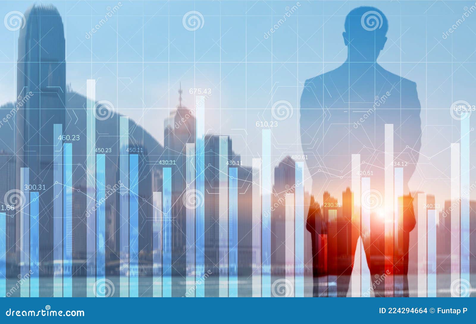 Double Exposure Blue Chart Financial Graphs and Diagrams Stock Photo ...