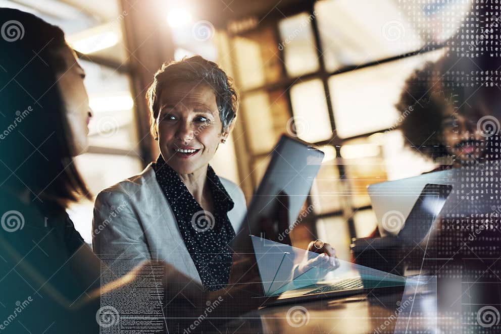Double Exposure, Business Woman and Tablet Coding with Staff and ...