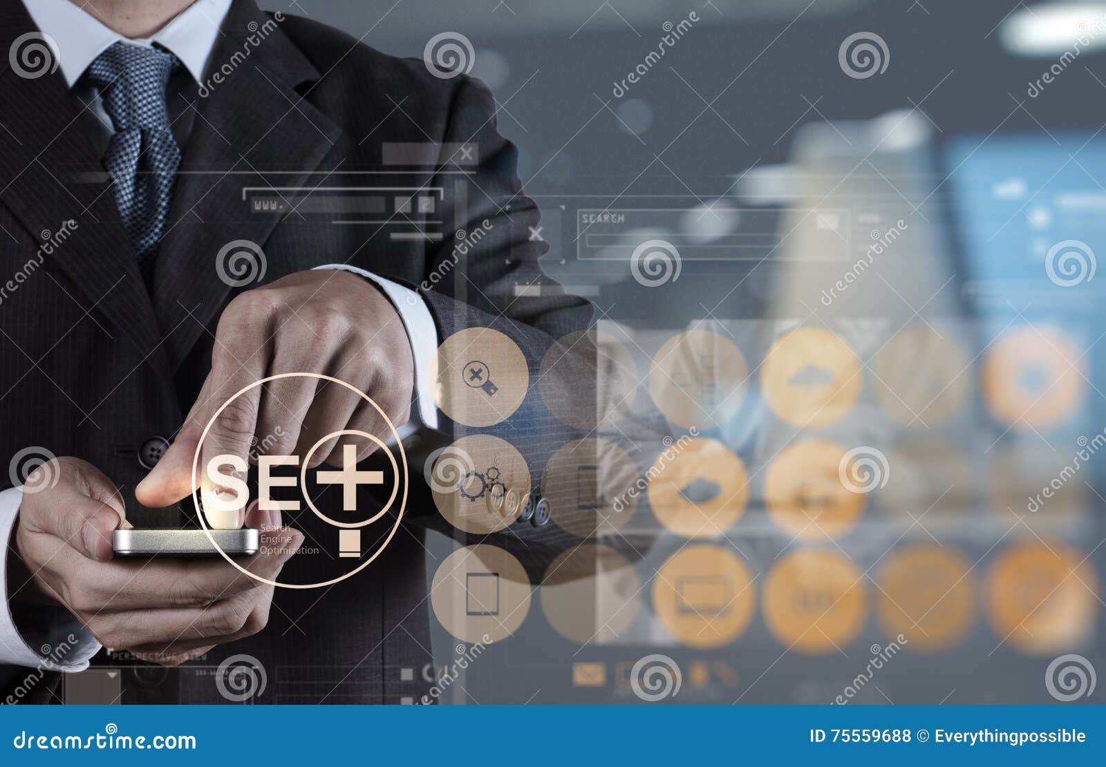 Double Exposure of Businessman Hand Showing Search Engine Optimization ...