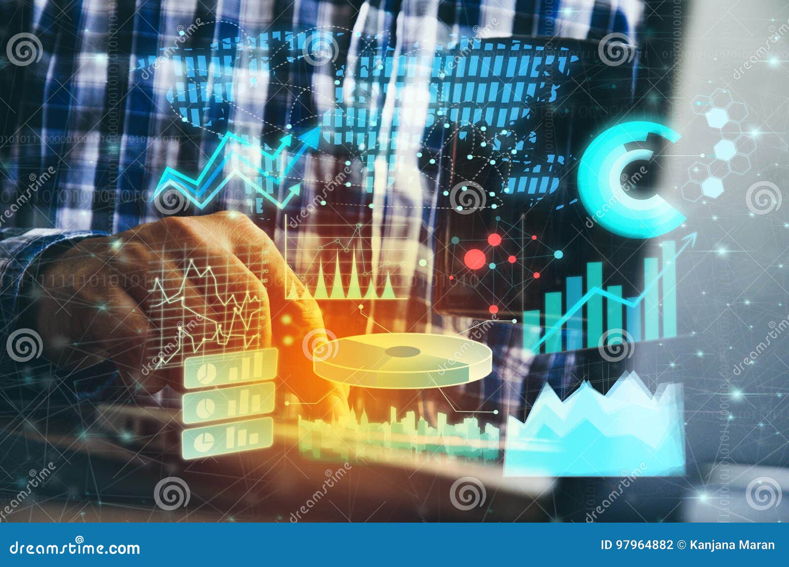 Double Exposure of Businessman Hand Working with New Modern Computer ...