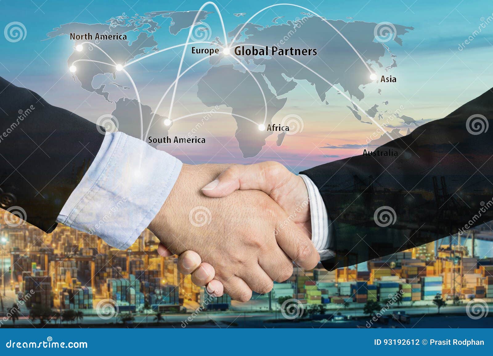 Double Exposure of a Businessman Handshake with Map Global Part Stock ...