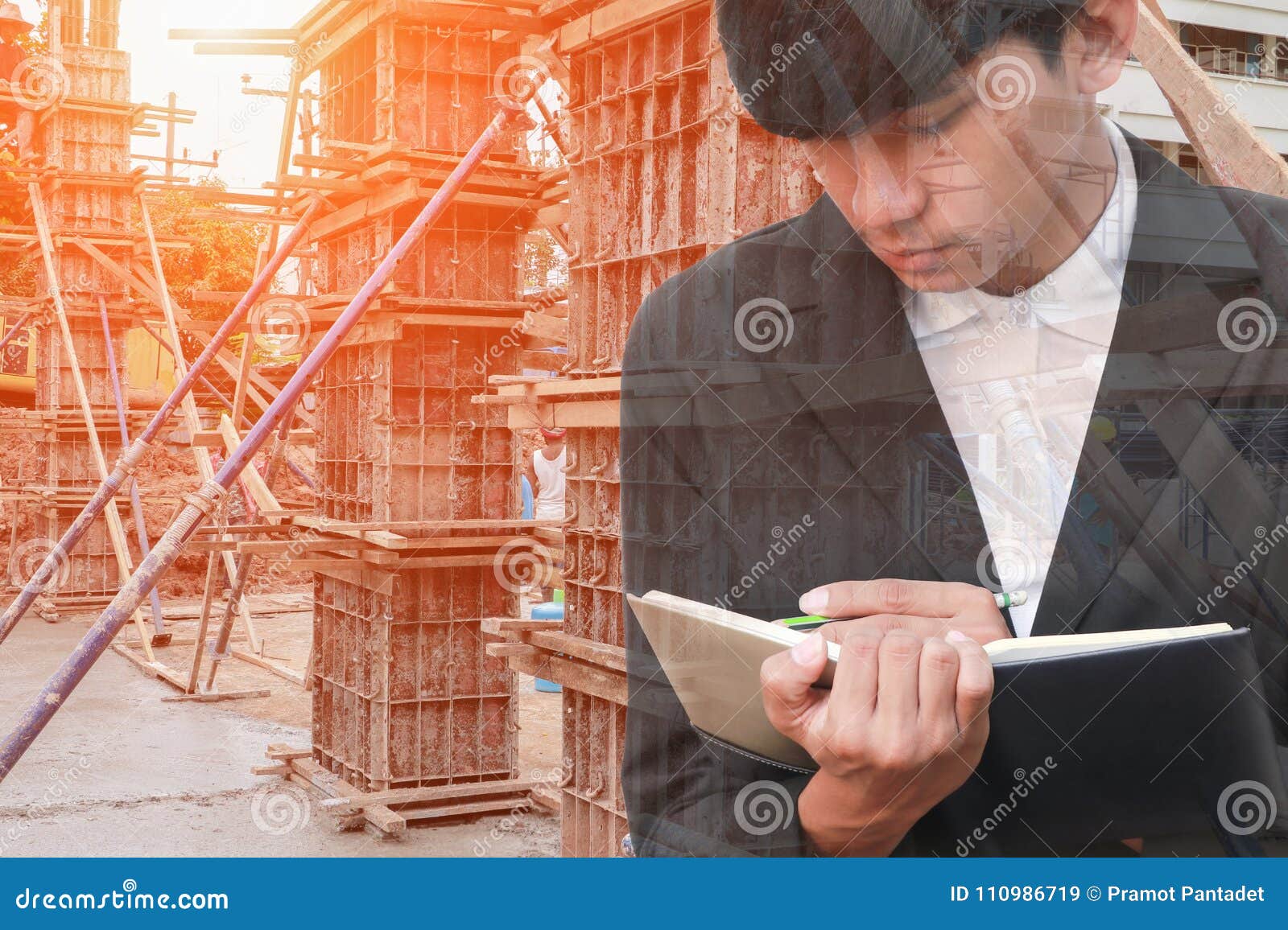 Double Exposure of Businessman with Notepad in Hand Signing Documents ...