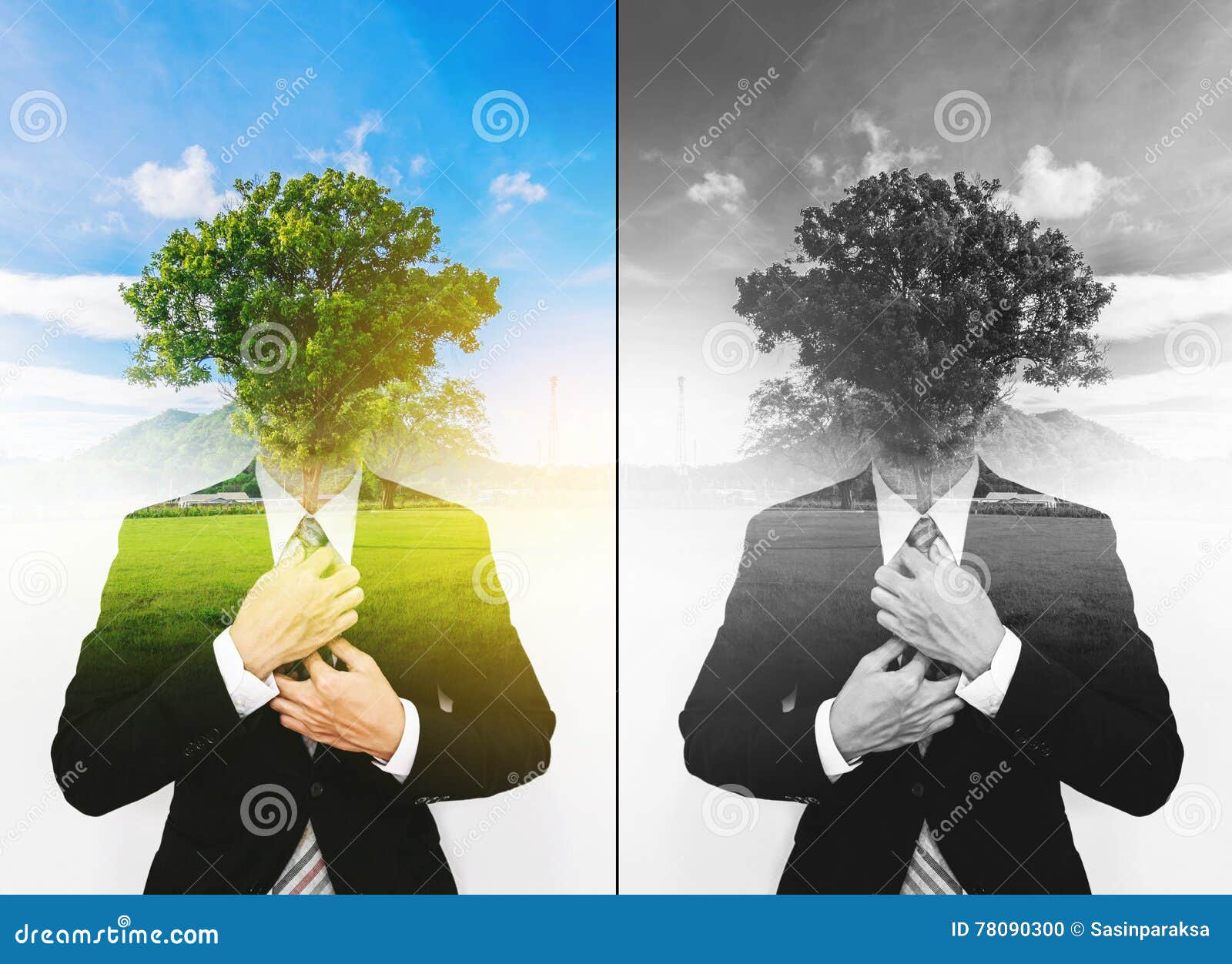 Double Exposure Businessman with a Tree with the Sky, Ecology Friendly ...