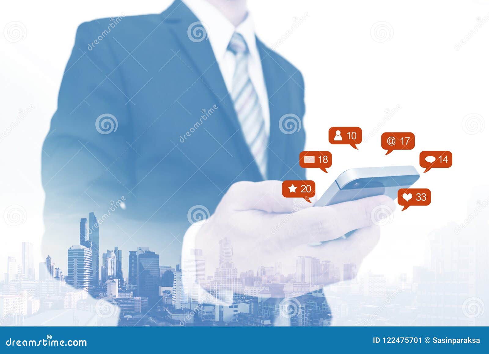 Double Exposure, Businessman Using Mobile Phone and Notification Icon ...