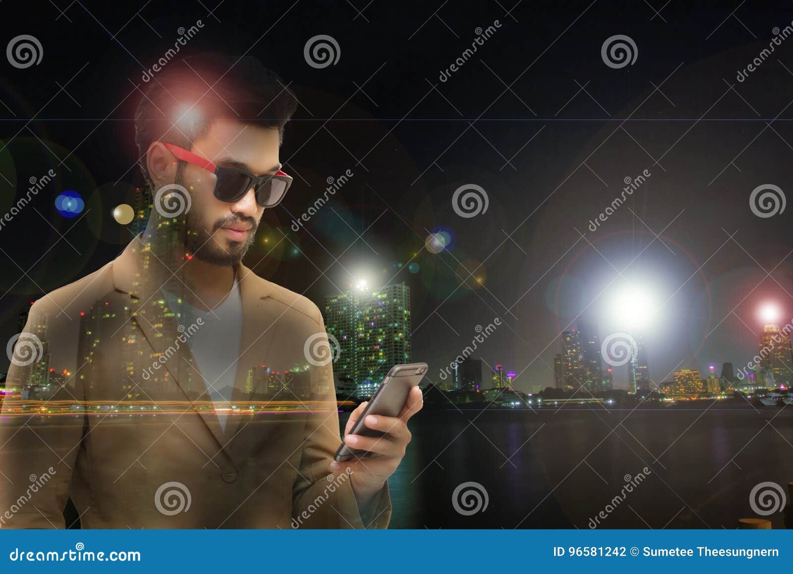 Double Exposure Businessmen are Using Mobile and Touch Smart Phone for ...