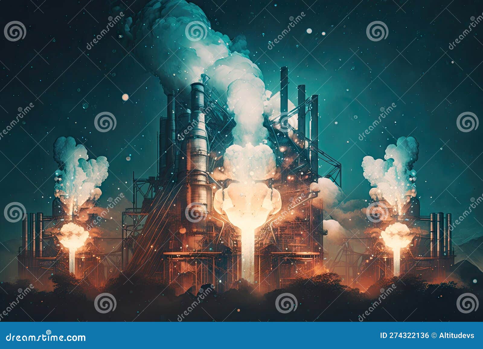 Double-exposure of Chemical Plant, with Smoke Billowing from Stacks and ...