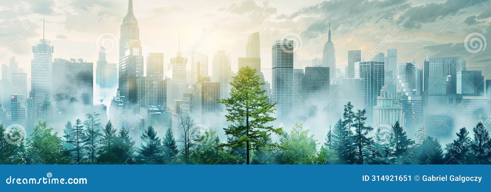 Double Exposure Cityscape with Green Forest Overlay Panoramic Banner ...