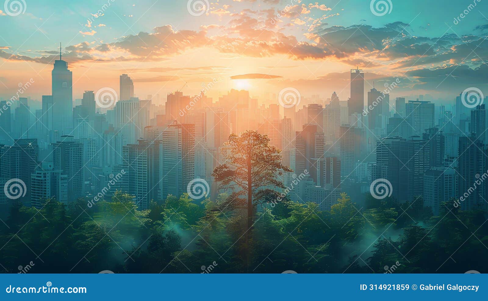 Double Exposure Cityscape with Green Forest Vegetation Overlay Stock ...
