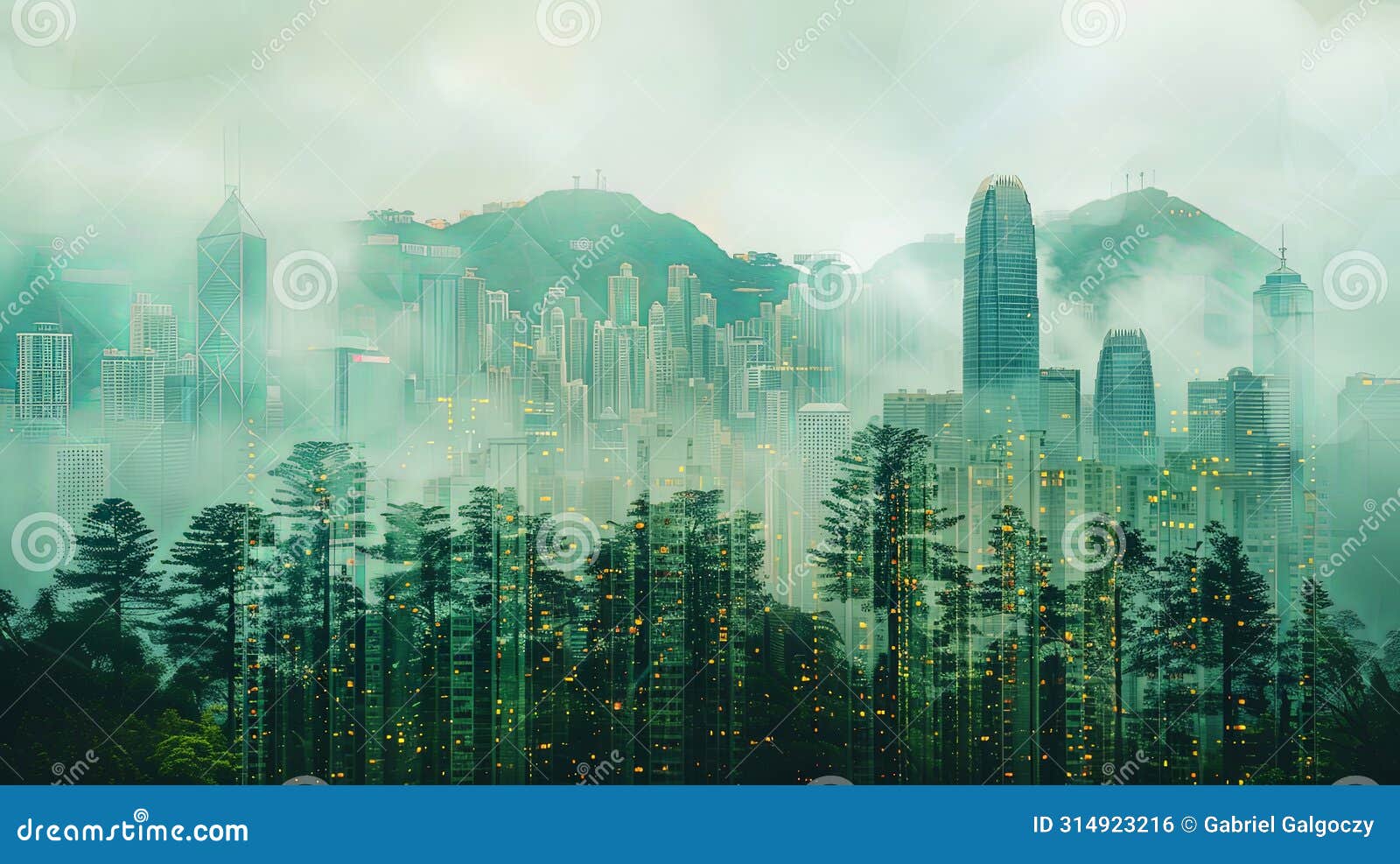 Double Exposure Cityscape with Green Forest Vegetation Overlay Stock ...